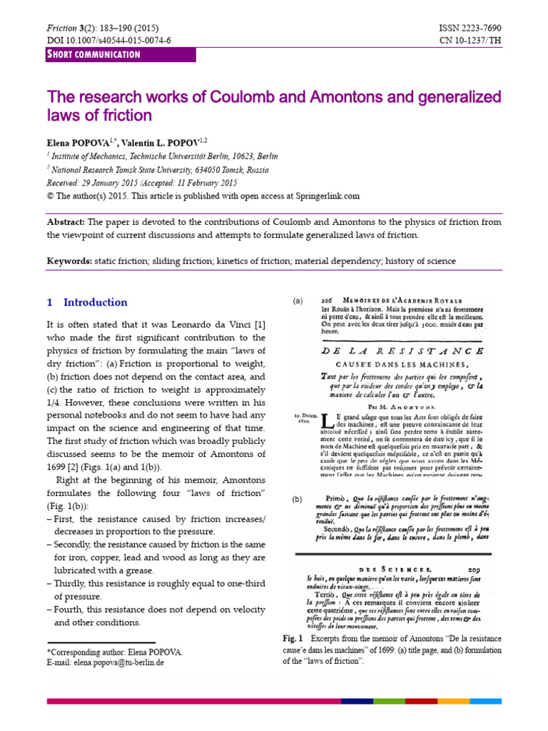 The research works of Coulomb and Amontons and generalized laws of ...