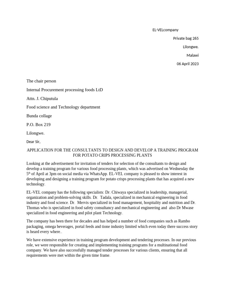 Proposal for Potato Crisps Training Program | PDF