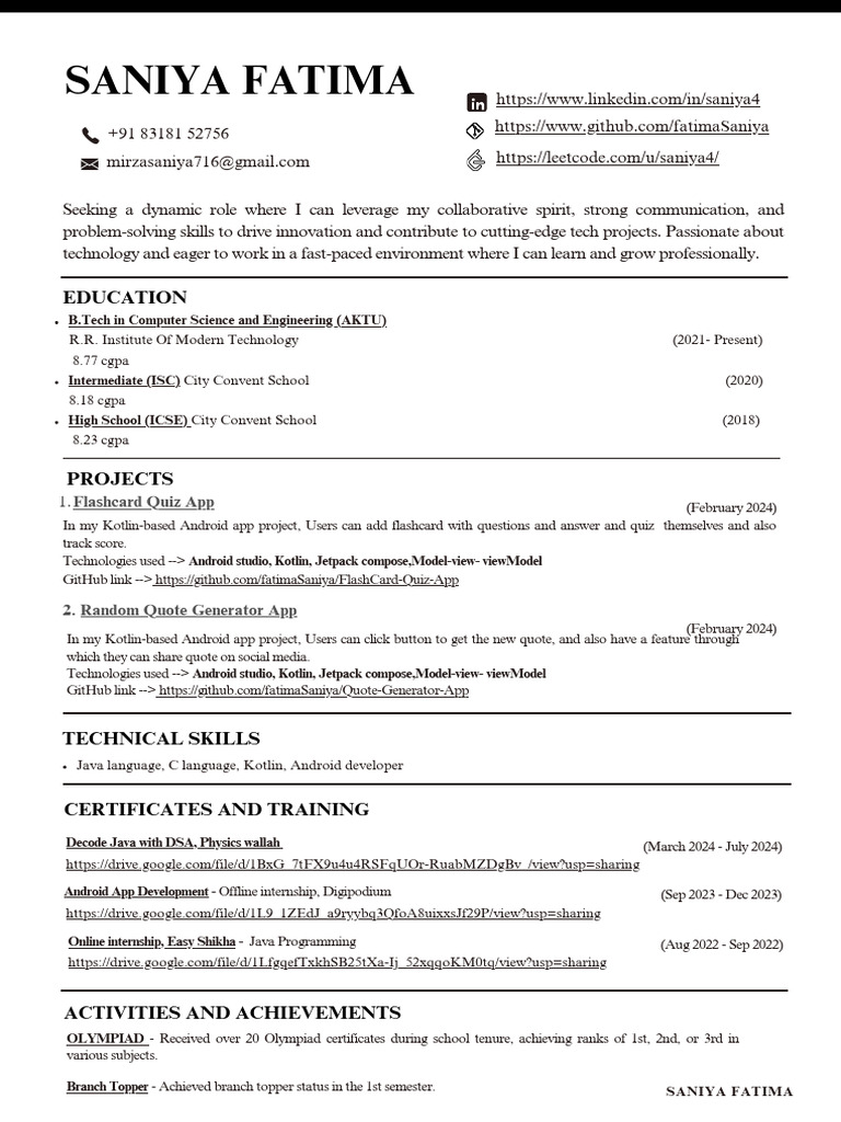 Saniya Fatima Resume (1) 2 | PDF | Computing