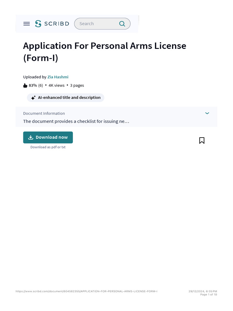 Application for Personal Arms License (Form-I) | PDF | Government ...