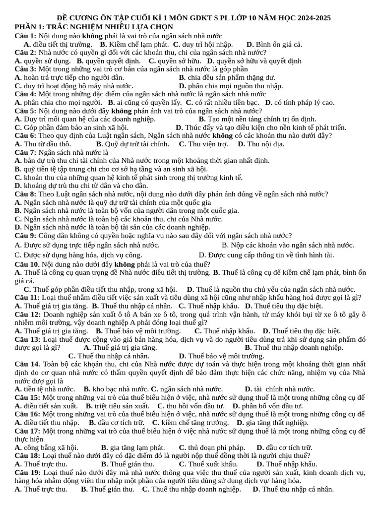 Đề Cương Ôn Tập Cuối Kì1 -Ktpl 10 24-25 Cs o Đa Hs | PDF