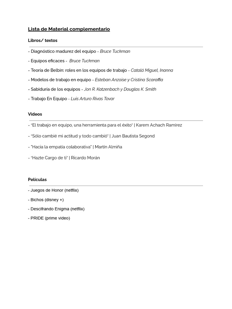 Lista de Material Complementario - Trabajo en Equipo | PDF