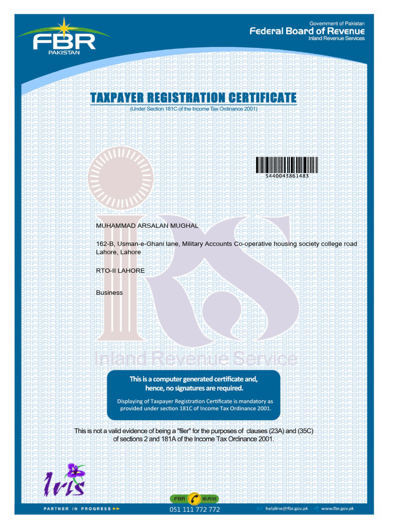 TaxPayer Registration Certificate | PDF