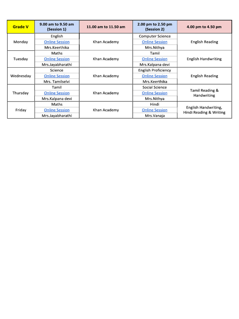 Term II - Grade V Online Class Timetable | PDF