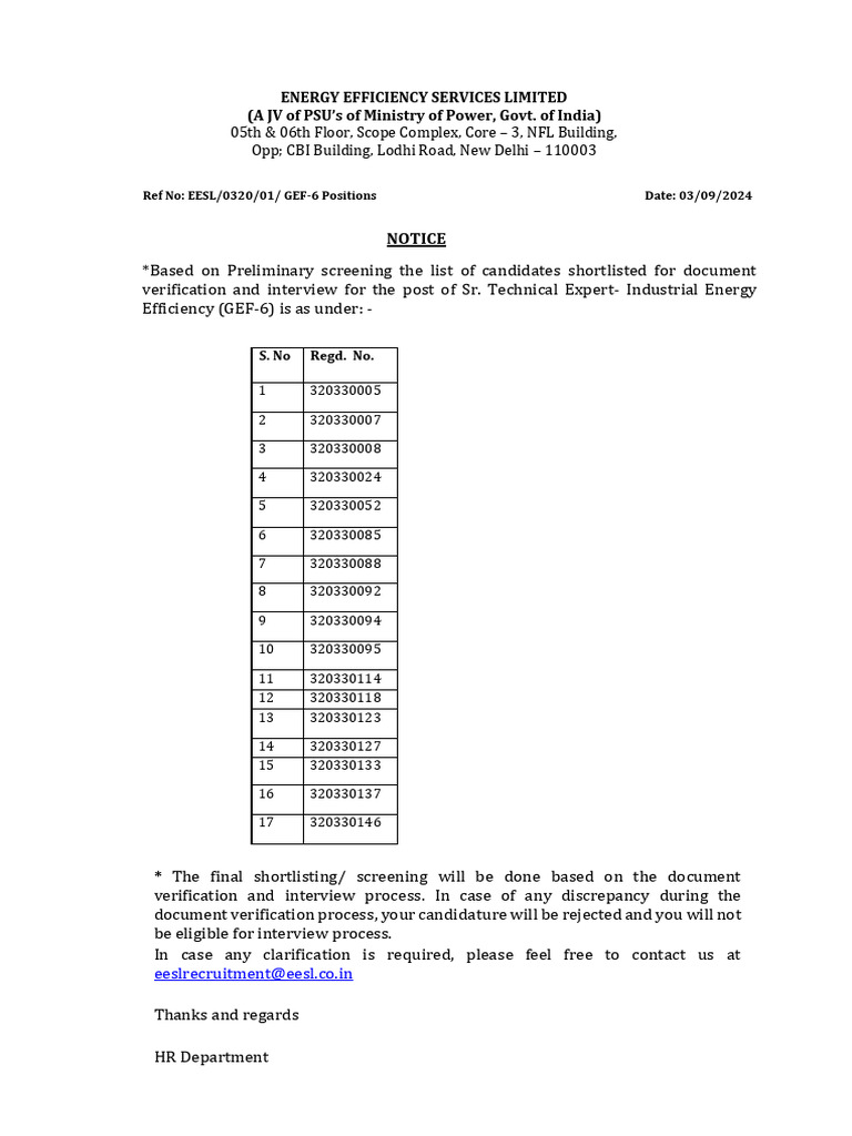 GEf-6 Shortlisted Candidates Sr. Technical Expert | PDF