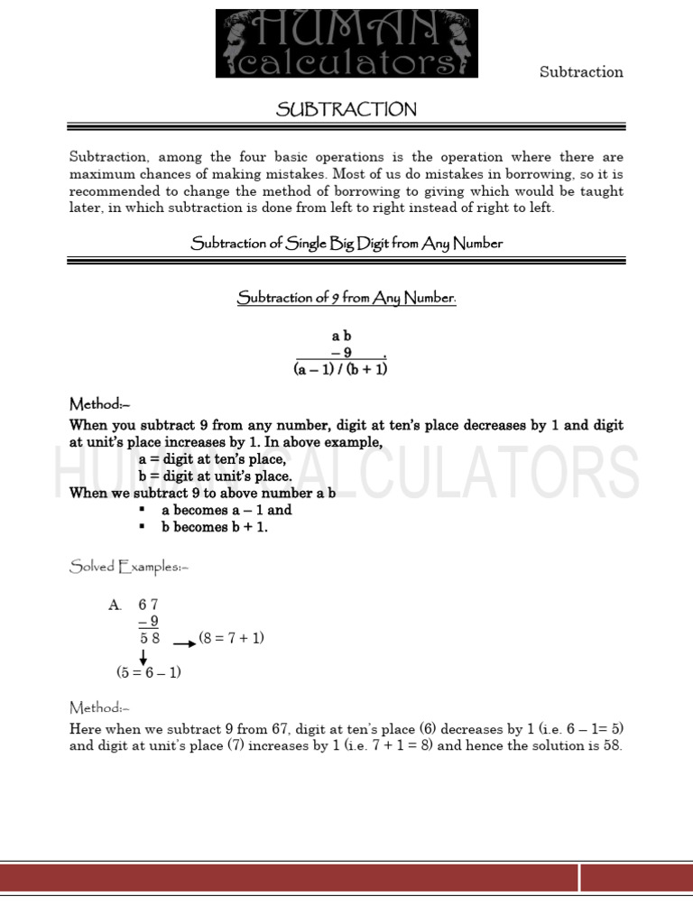 Human Calculators - Subtraction | PDF | Subtraction | Numbers