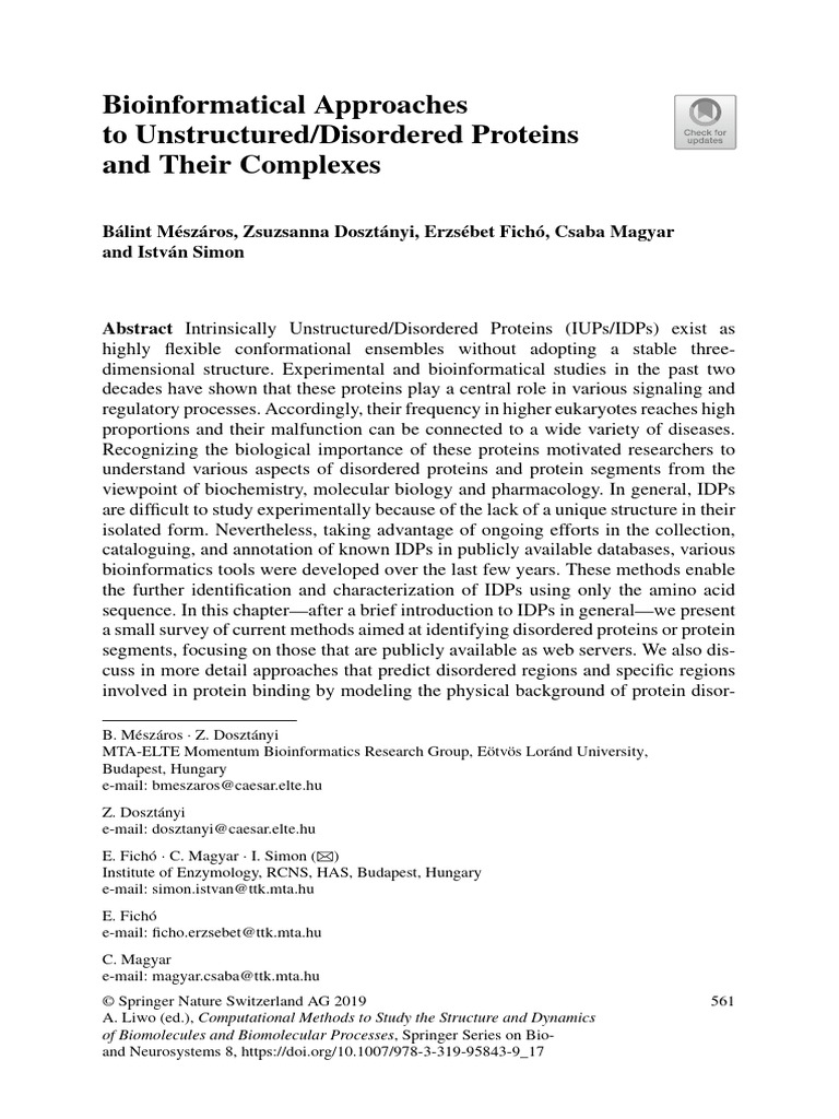 2019 - Bioinformatical Approaches To Unstructured - Disordered Proteins and Their Complexes ...
