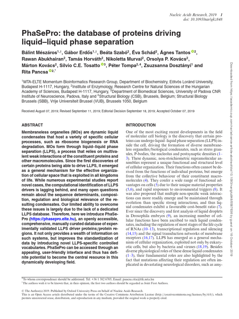 2019 - PhaSePro: The Database of Proteins Driving Liquid-Liquid Phase Separation | PDF ...