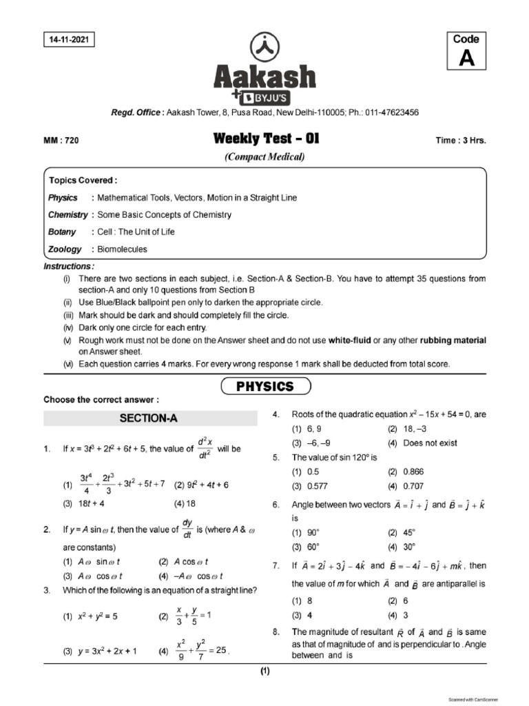 Aakash Weekly Test Series Planner | PDF | Chemistry | Plants