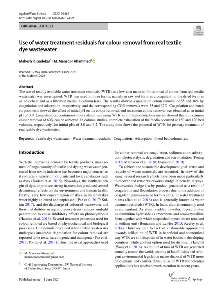 Use of Water Treatment Residuals For Colour Removal From Real Textile ...