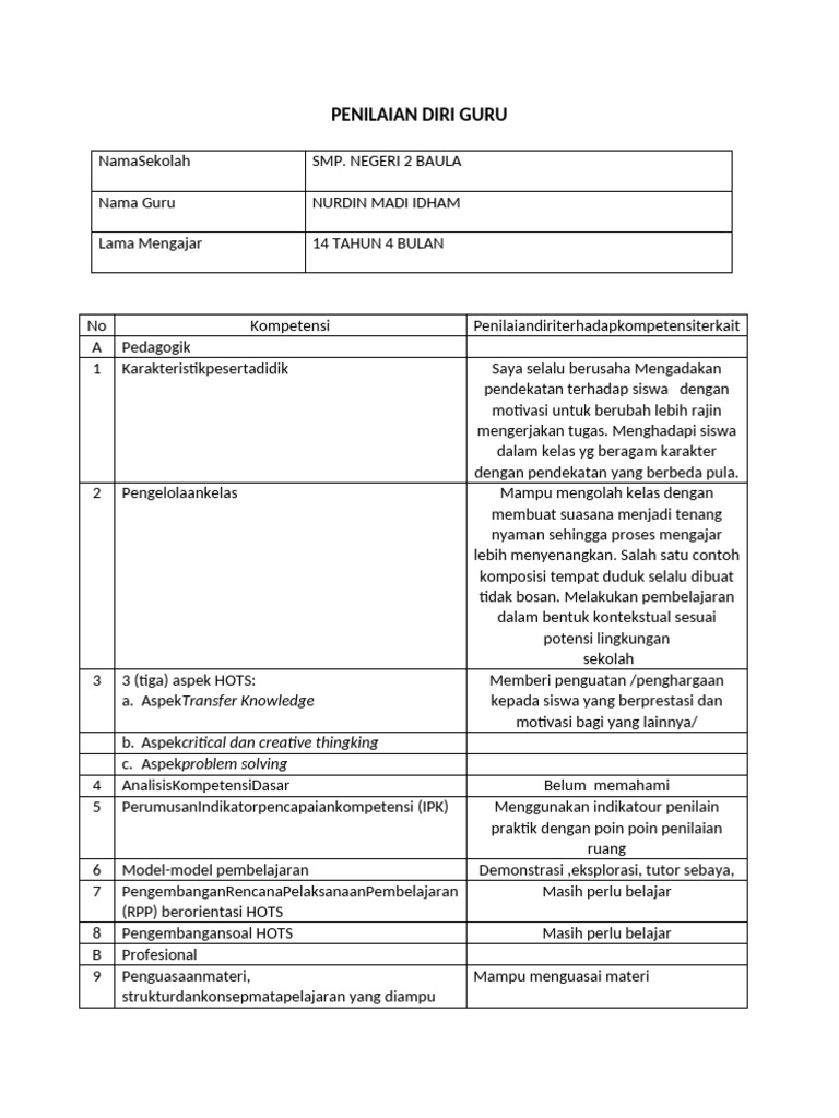 LK 01 Penilaian Diri Guru | PDF