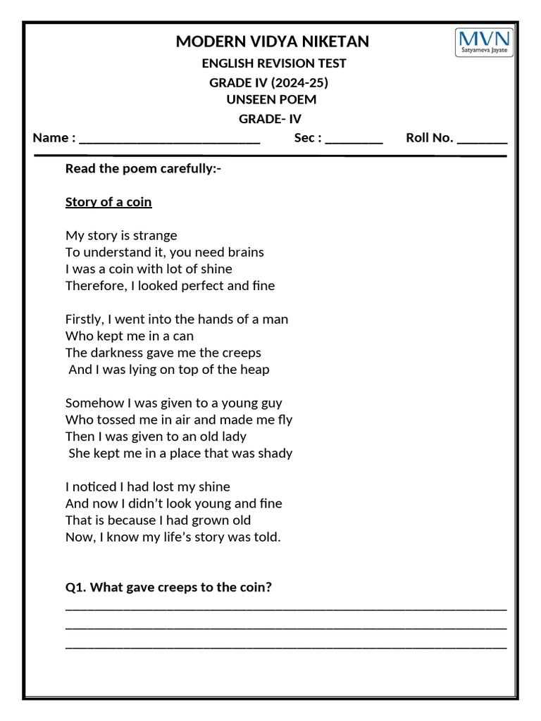 UNSEEN POEM Grade 4 | PDF