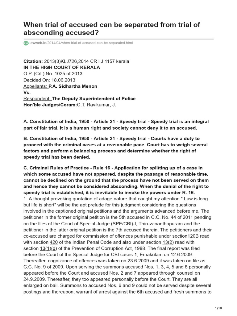 Lawweb - In-When Trial of Accused Can Be Separated From Trial of Absconding Accused | PDF ...