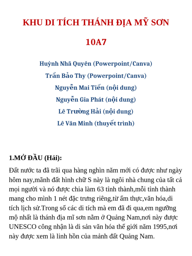 Nội Dung.khu Di Tích Thánh Địa Mỹ Sơn.10a7 | PDF