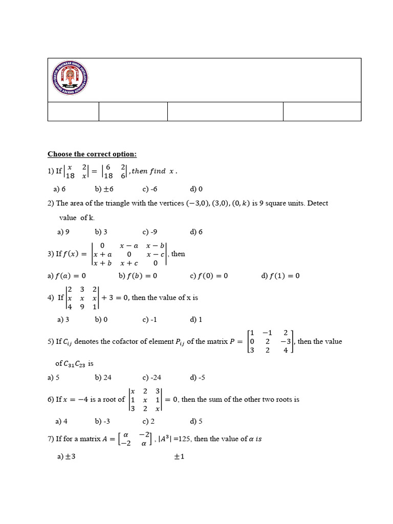 Worksheet XII Determinant 2024-2025 PDF | PDF | Functions And Mappings ...
