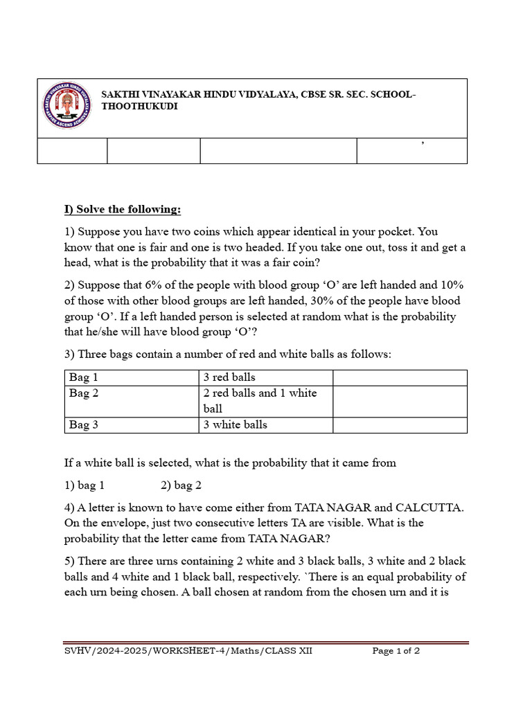 Worksheet - XII - Baye Theorem 2024-2025 PDF | PDF | Probability ...