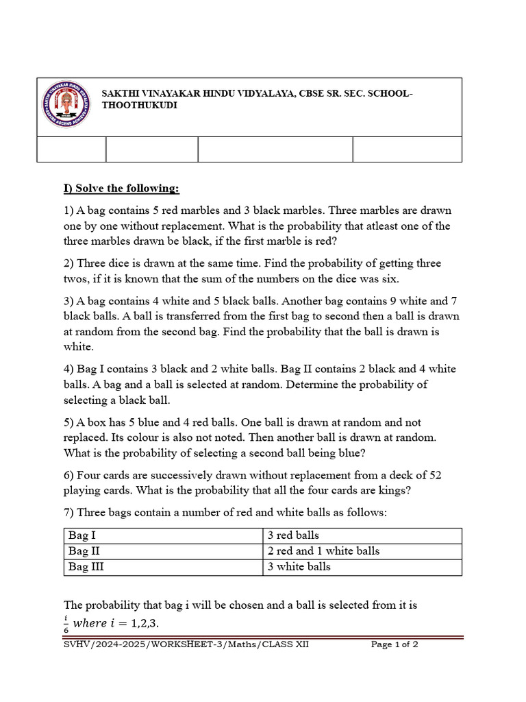 Worksheet - XII - Multiplication Theorem - Conditional Probability PDF ...