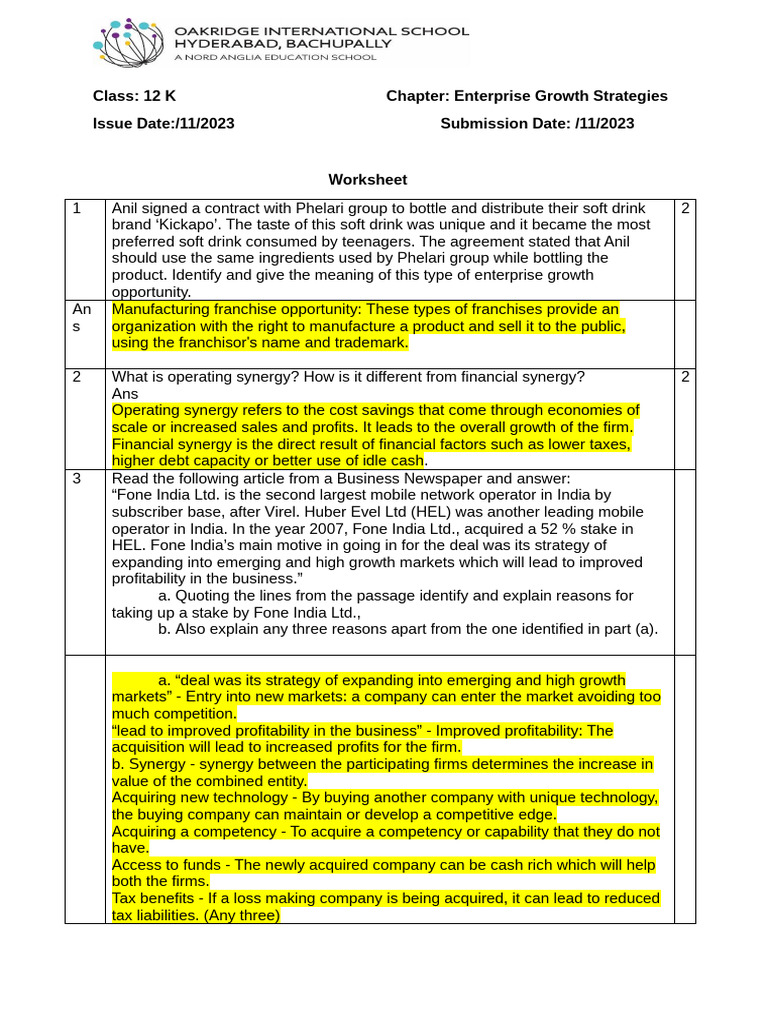 Entrprise Growth WS2 Key | PDF | Franchising | Mergers And Acquisitions
