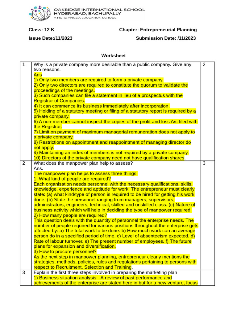Entrp Planning Ws2 Key | PDF | Entrepreneurship | Dividend