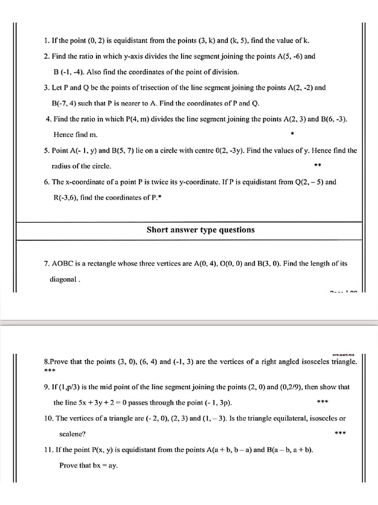 Coordinate Geometry Class 10 Assignment | PDF