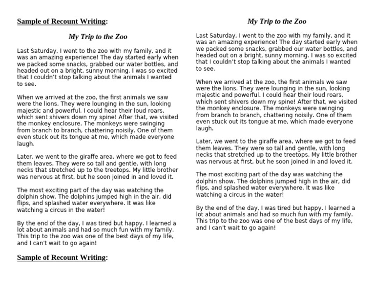 Sample of Recount My Trip To The Zoo | PDF