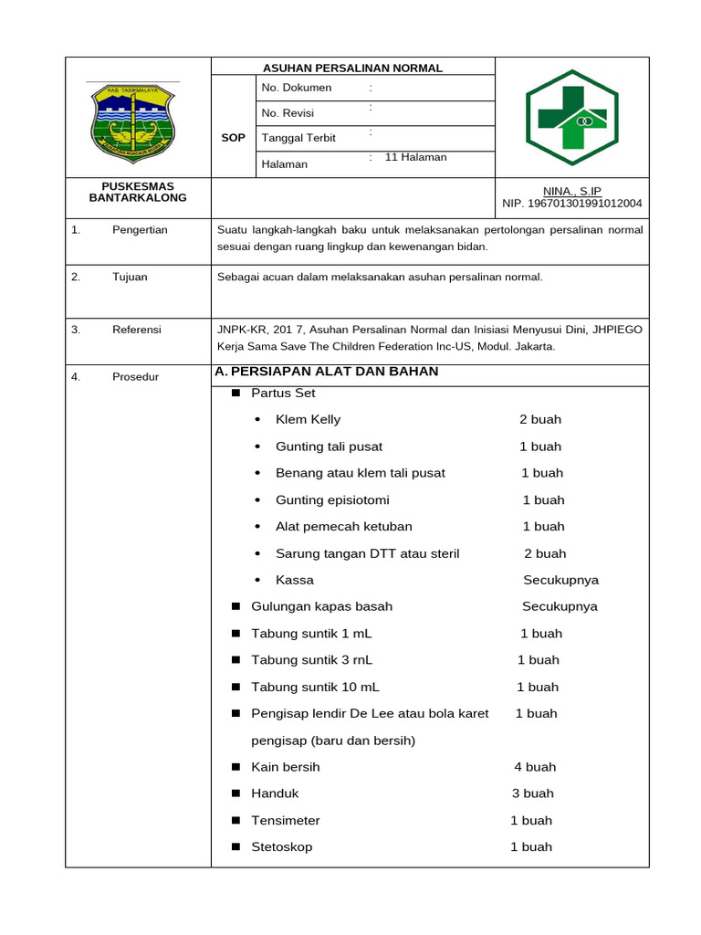 Sop Asuhan Persalinan Normal | PDF