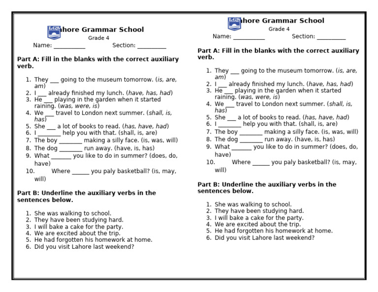 Auxiliary Verb Worksheet for Grade 4 | PDF | Grammar | Semantic Units