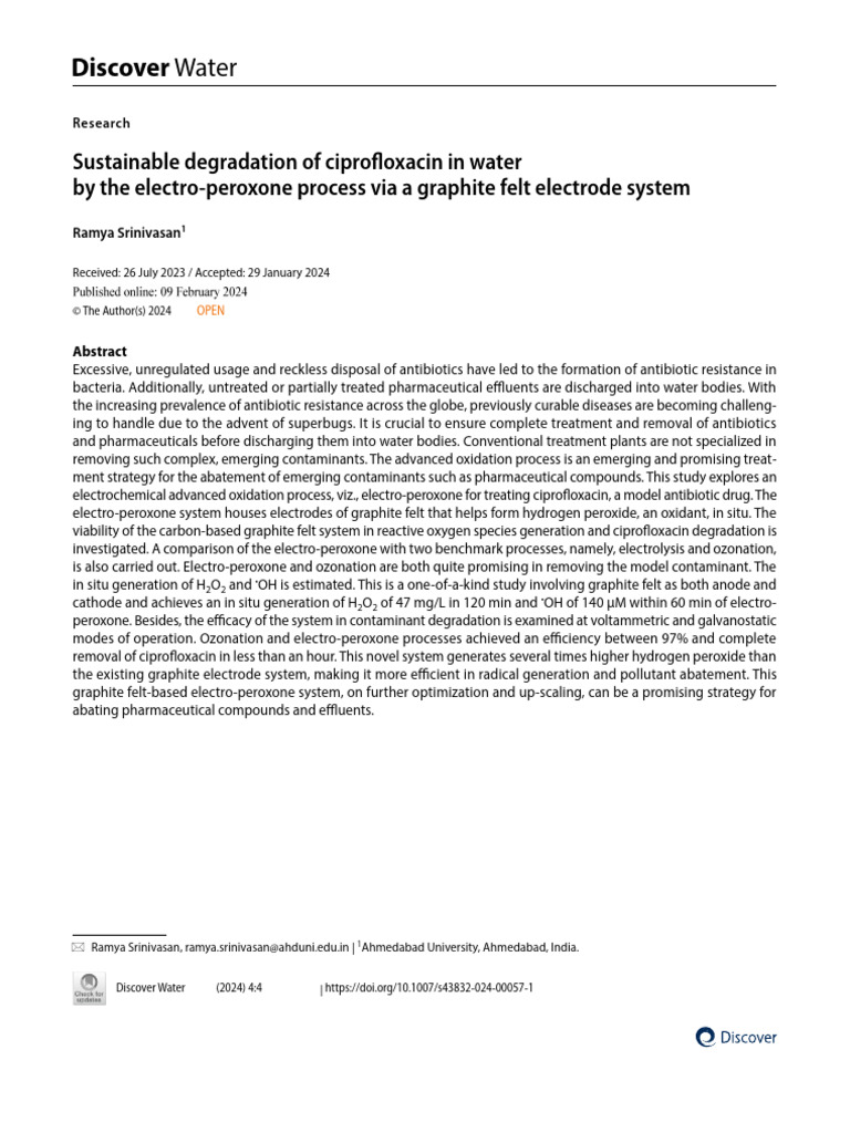 Sustainable Degradation of Ciprofloxacin in Water by the Electro ...