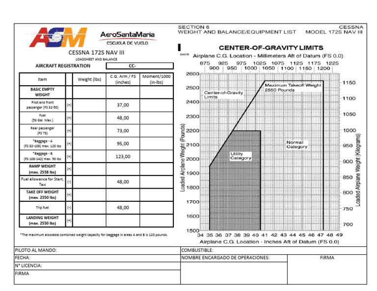 Cessna 172S Weight and Balance Sheet | PDF