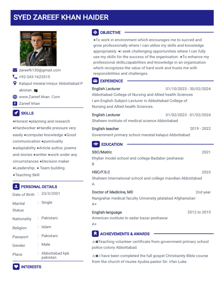 CV - Syed Zareef Khan Haider | PDF