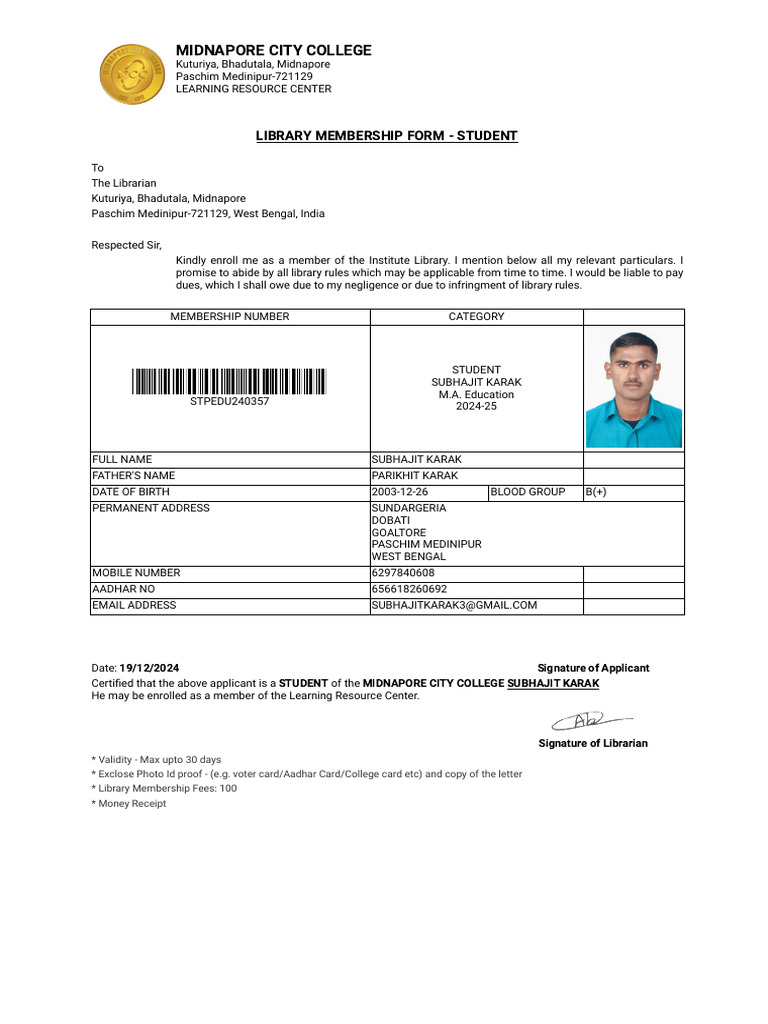 Subhajit Membership Form | PDF
