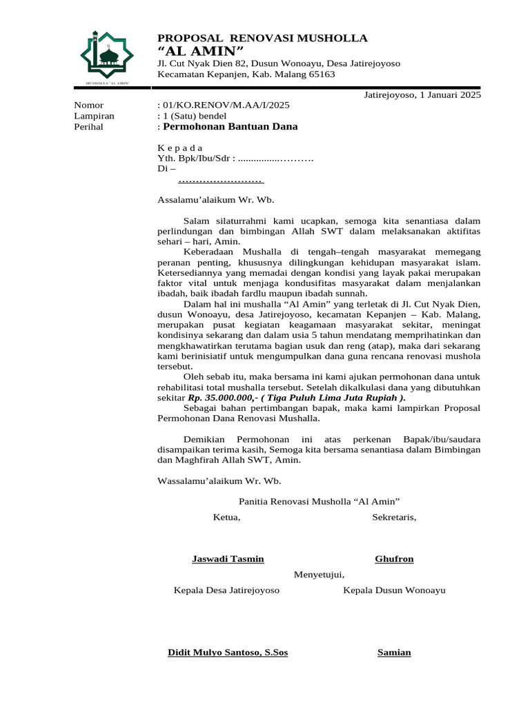 Proposal Rehab Musholla Al Amin - Wonoayu, Plus RAB | PDF