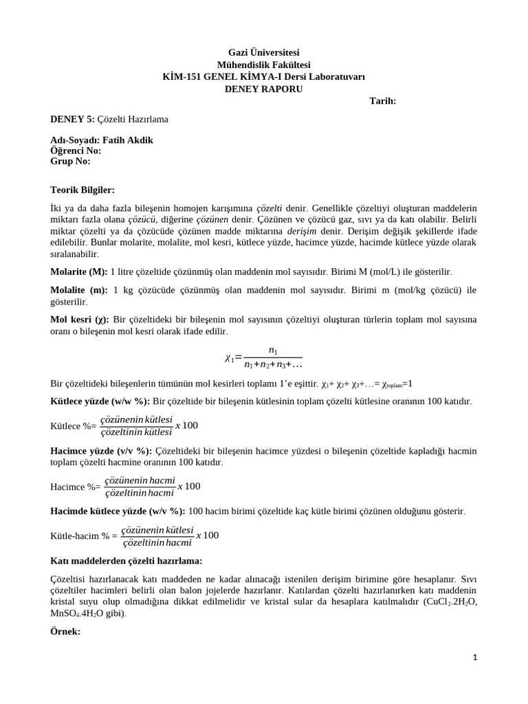 Deney-Çözelti Hazırlama-DENEY RAPORUçözüm | PDF