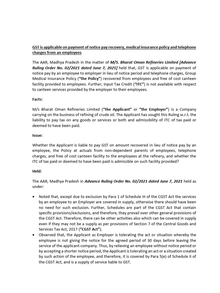 GST Is Applicable On Payment of Notice Pay Recovery, Medical Insurance ...