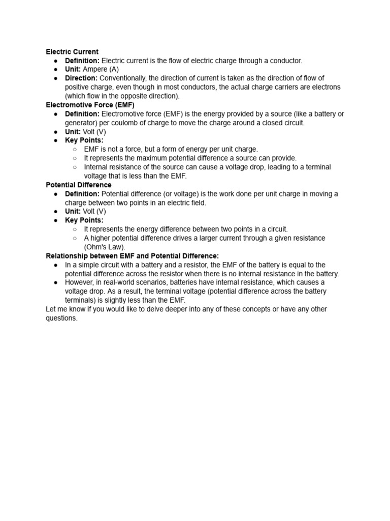 Define Electric Current, Emf, Potential Difference... | PDF