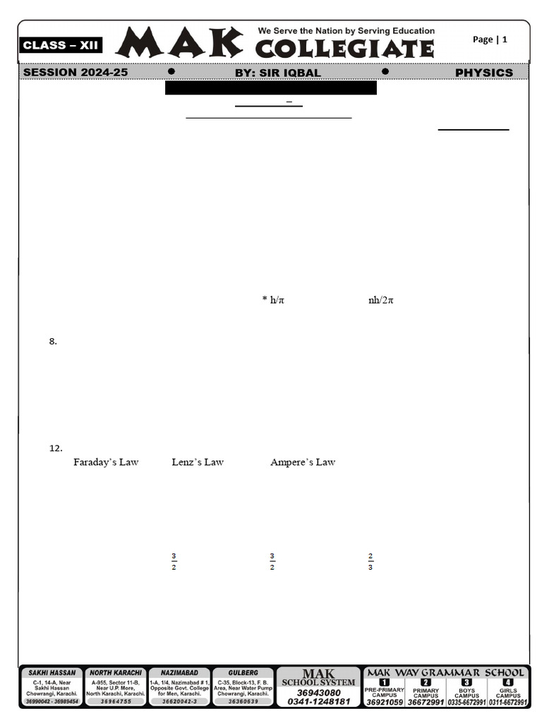 Class XII Physics Mid Term Exam 2024-25 | PDF | Heat | Transformer
