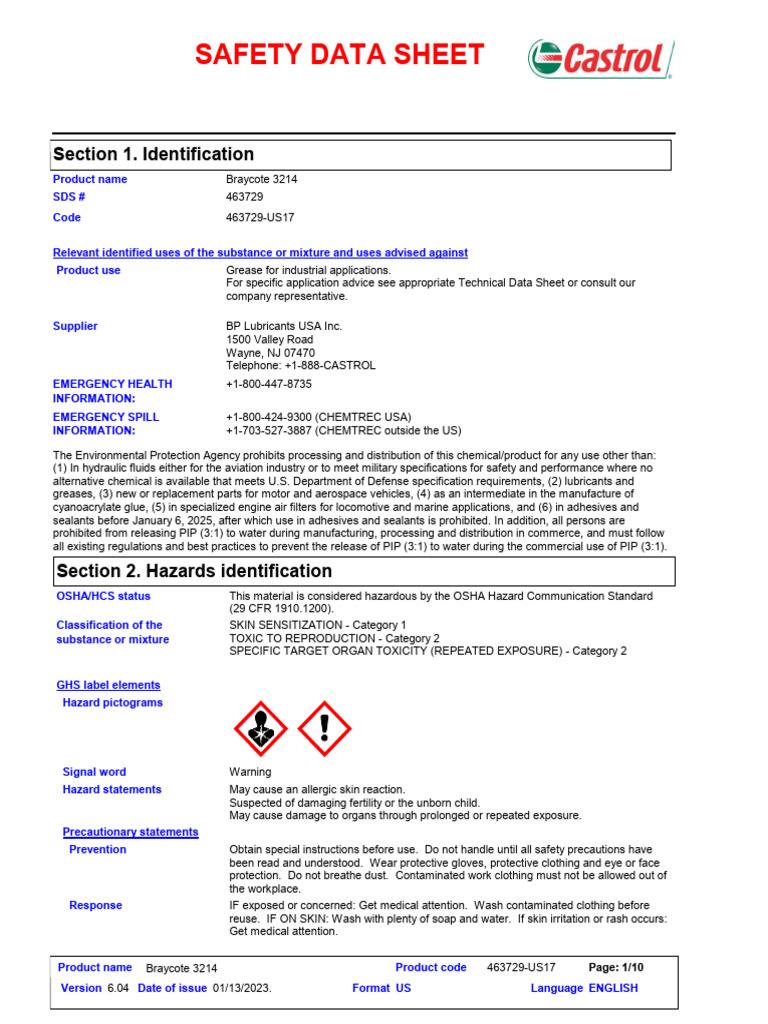 Braycote 3214 Safety Data Sheet | PDF | Dangerous Goods | Personal ...