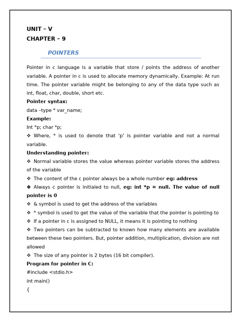 Unit V C Pdf Pointer Computer Programming Variable Computer Science 8873