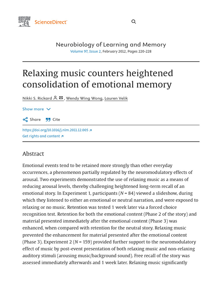 Relaxing Music Counters Heightened Consolidation of Emotional Memory ...