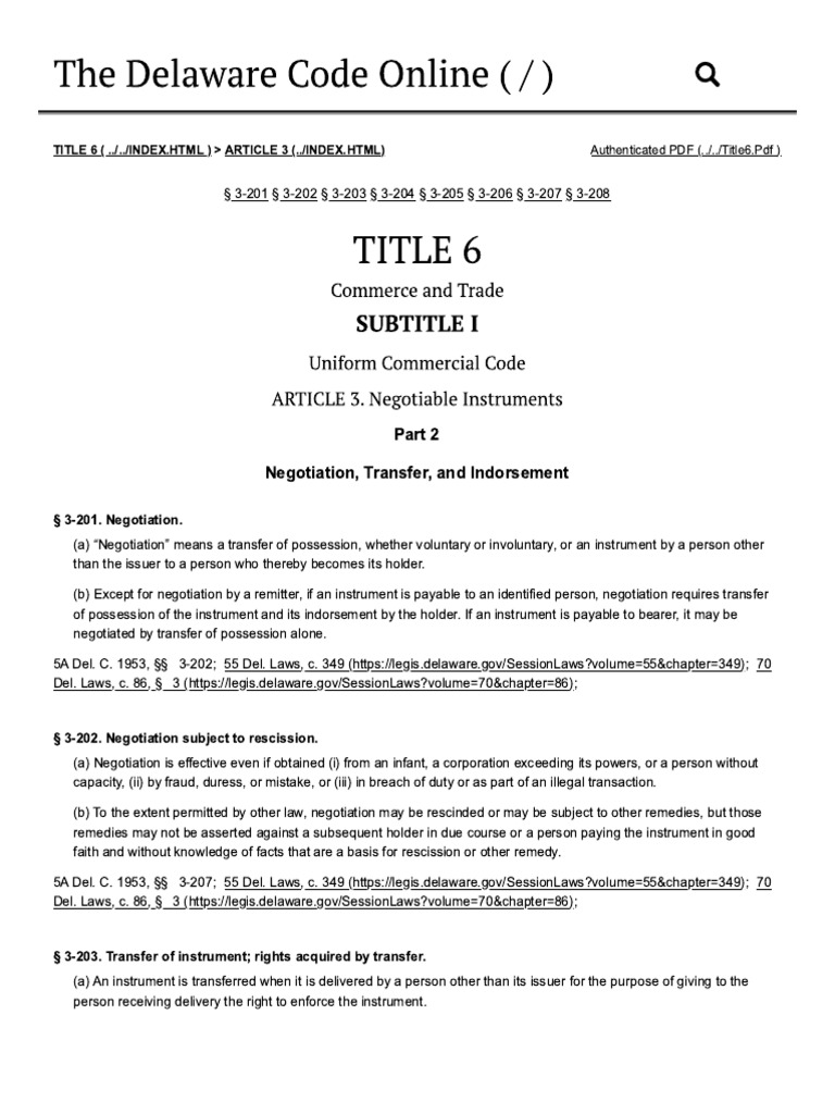 Delaware UCC - Negotiable Instruments | PDF