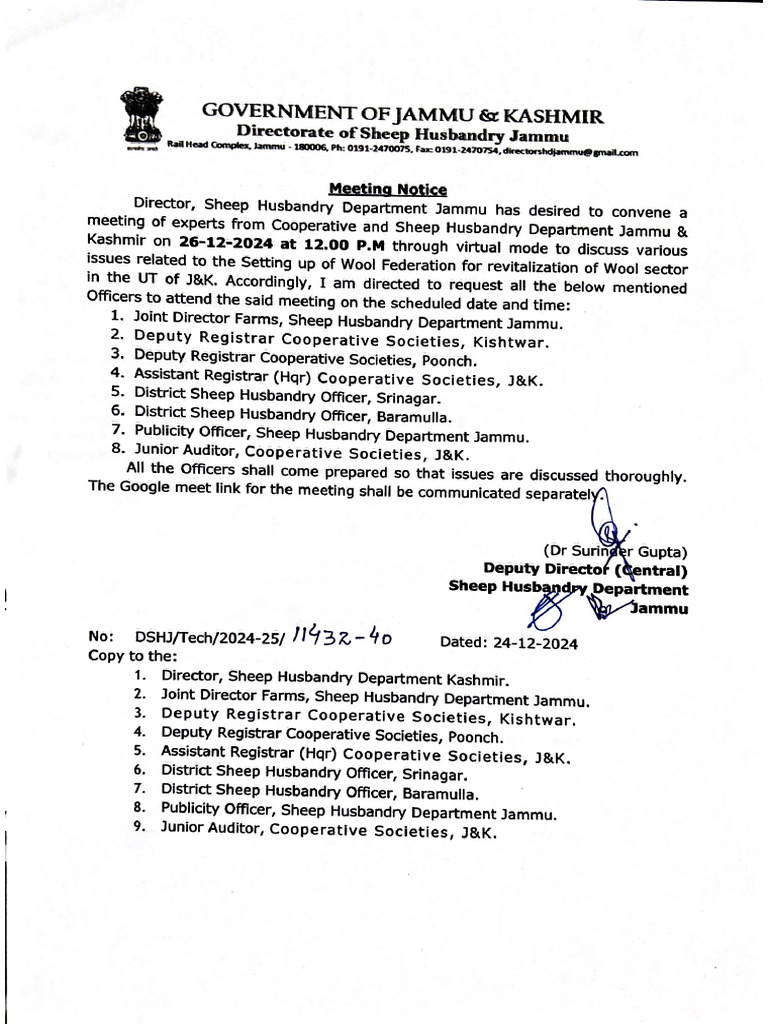 Meeting Notice Regarding The Setting Up of Wool Federation in The UT of ...