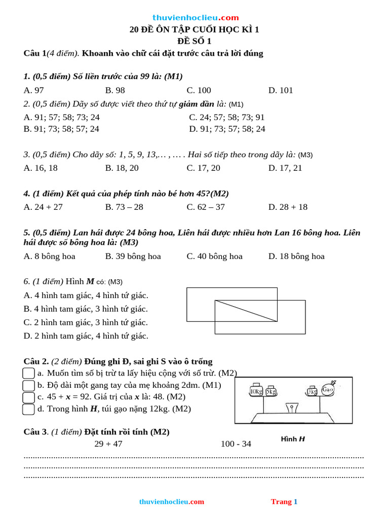 đề lớp 2 hk1 | PDF