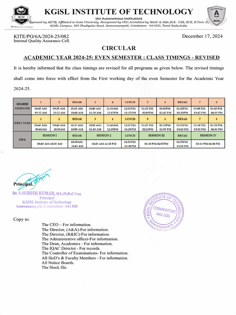 Circular # 082 - Ay 2024-25 Even Semester Class Timings Revised - Intimation | PDF