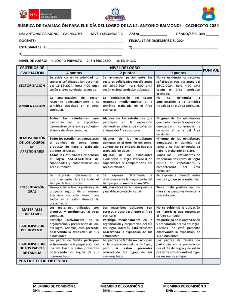 Rubrica - 2do Dia Logro - 17.12.24 | PDF | Aprendizaje