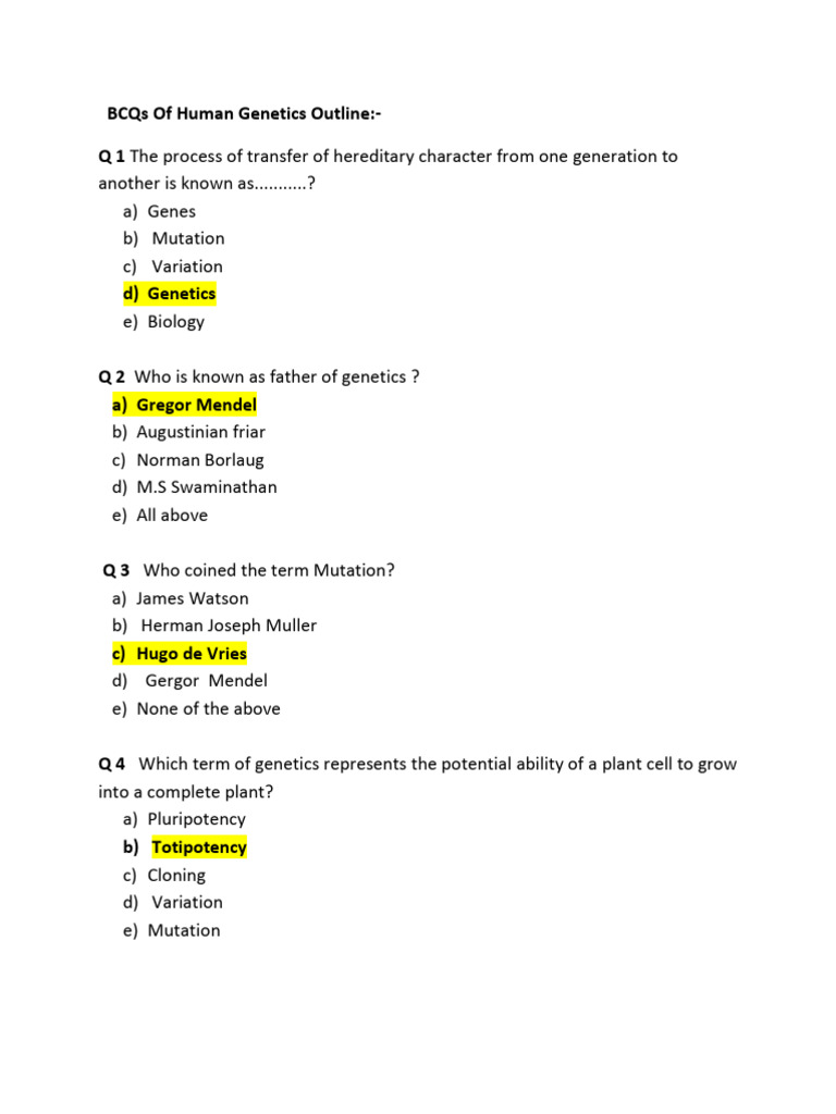 genetics mcqs with key | PDF | Dominance (Genetics) | Genotype