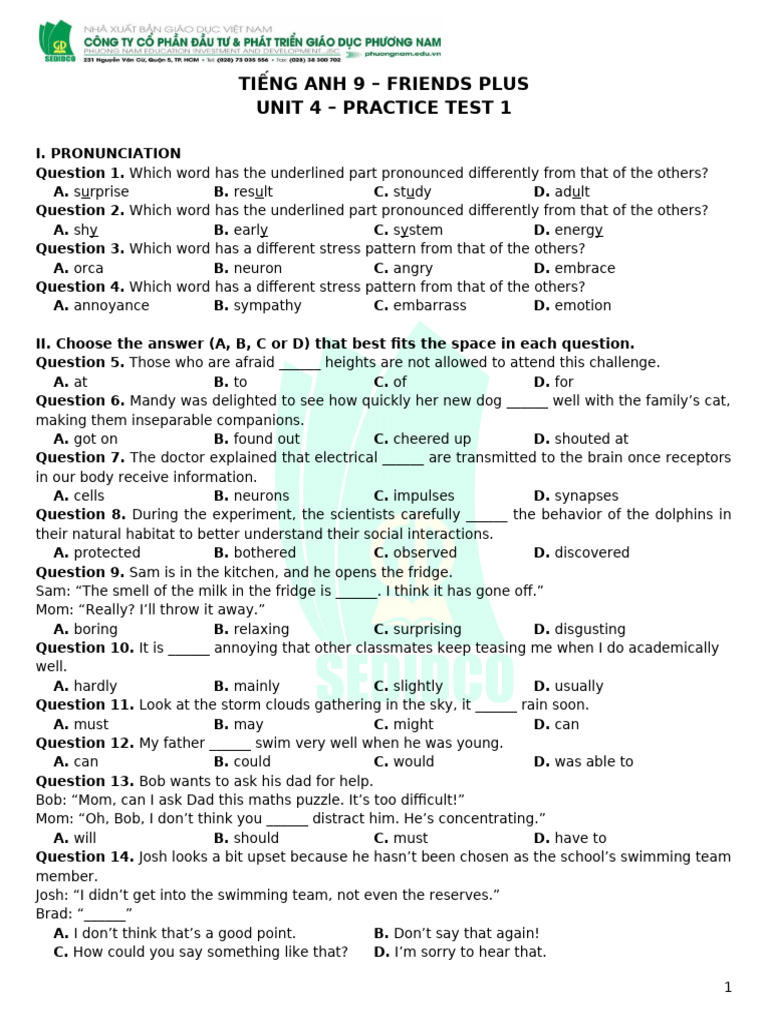 TA 9 Friends Plus Unit 4 Practice Test 1 (2025 Format) | PDF | Stress ...