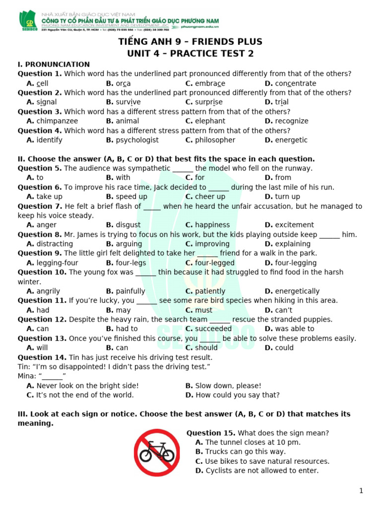 TA 9 Friends Plus Unit 4 Practice Test 2 (2025 Format) | PDF | Emotions ...