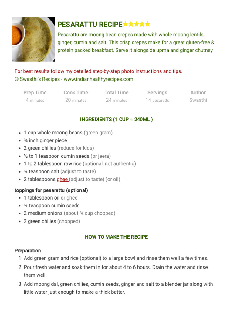 Pesarattu Recipe - Swasthi's Recipes | PDF | Foods | Cooking