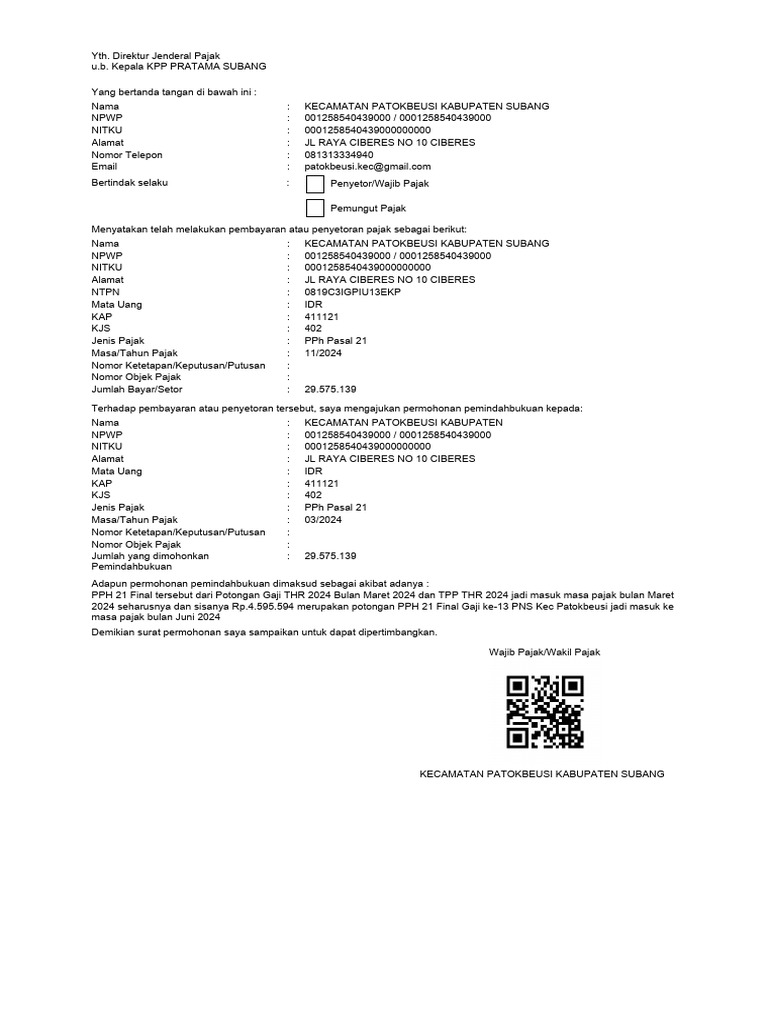 Permohonan Pemindahbukuan PPh 21 | PDF