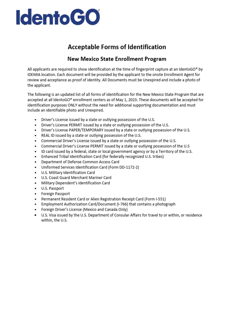 New Mexico IdentoGO ID Requirements | PDF